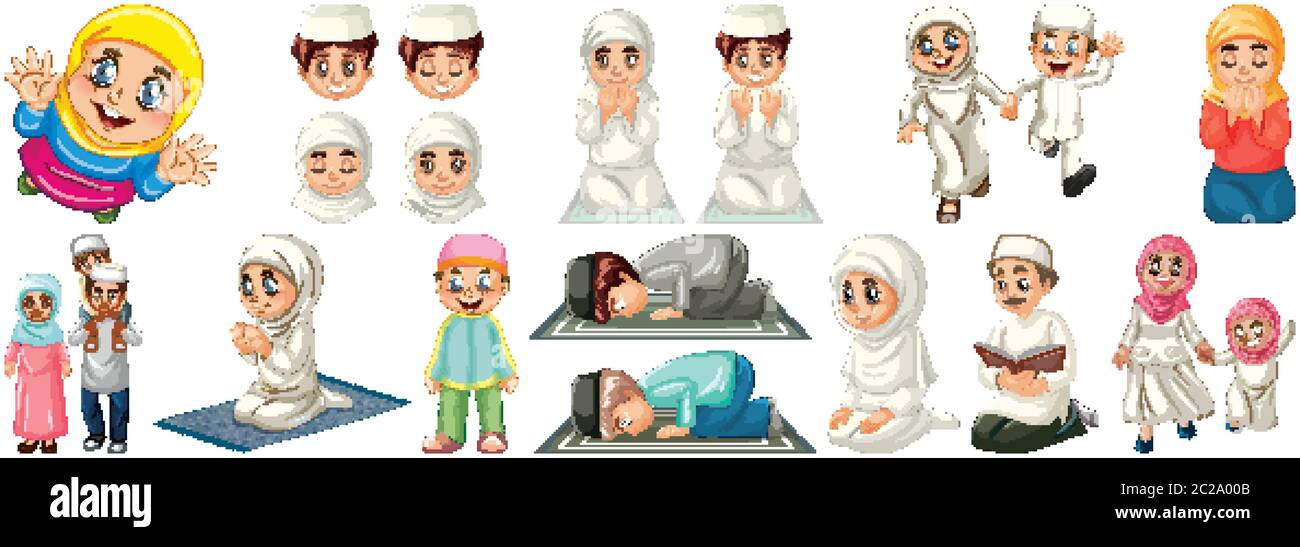 Set of different muslim people cartoon character isolated on white ...