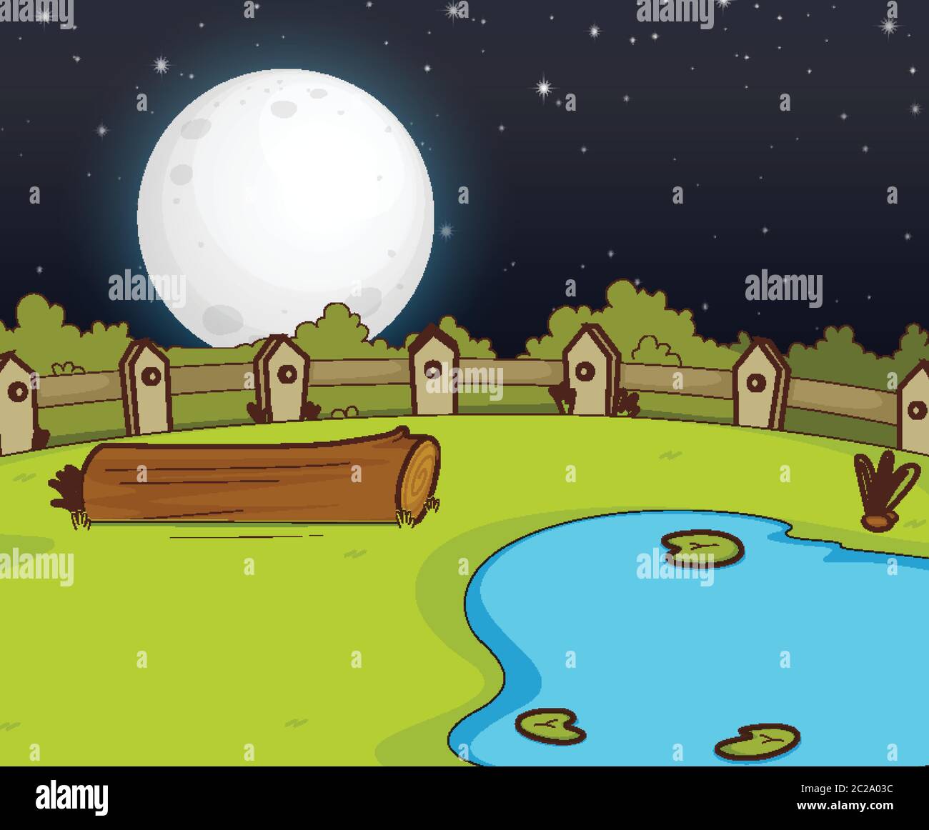 Farm scene with swamp and big moon at night illustration Stock Vector ...