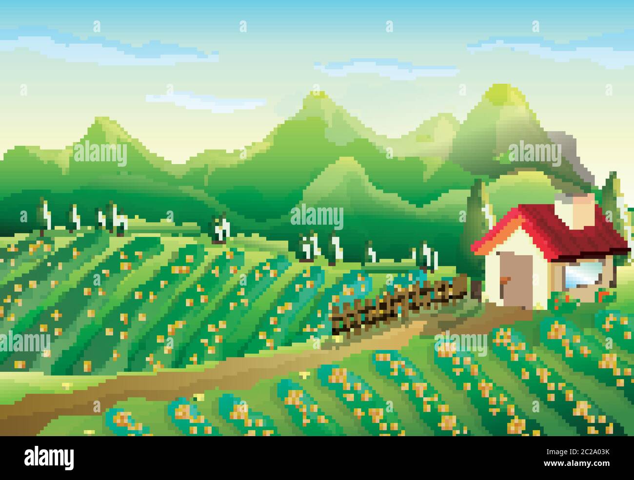 Farm in nature scene with little house and green farm illustration ...