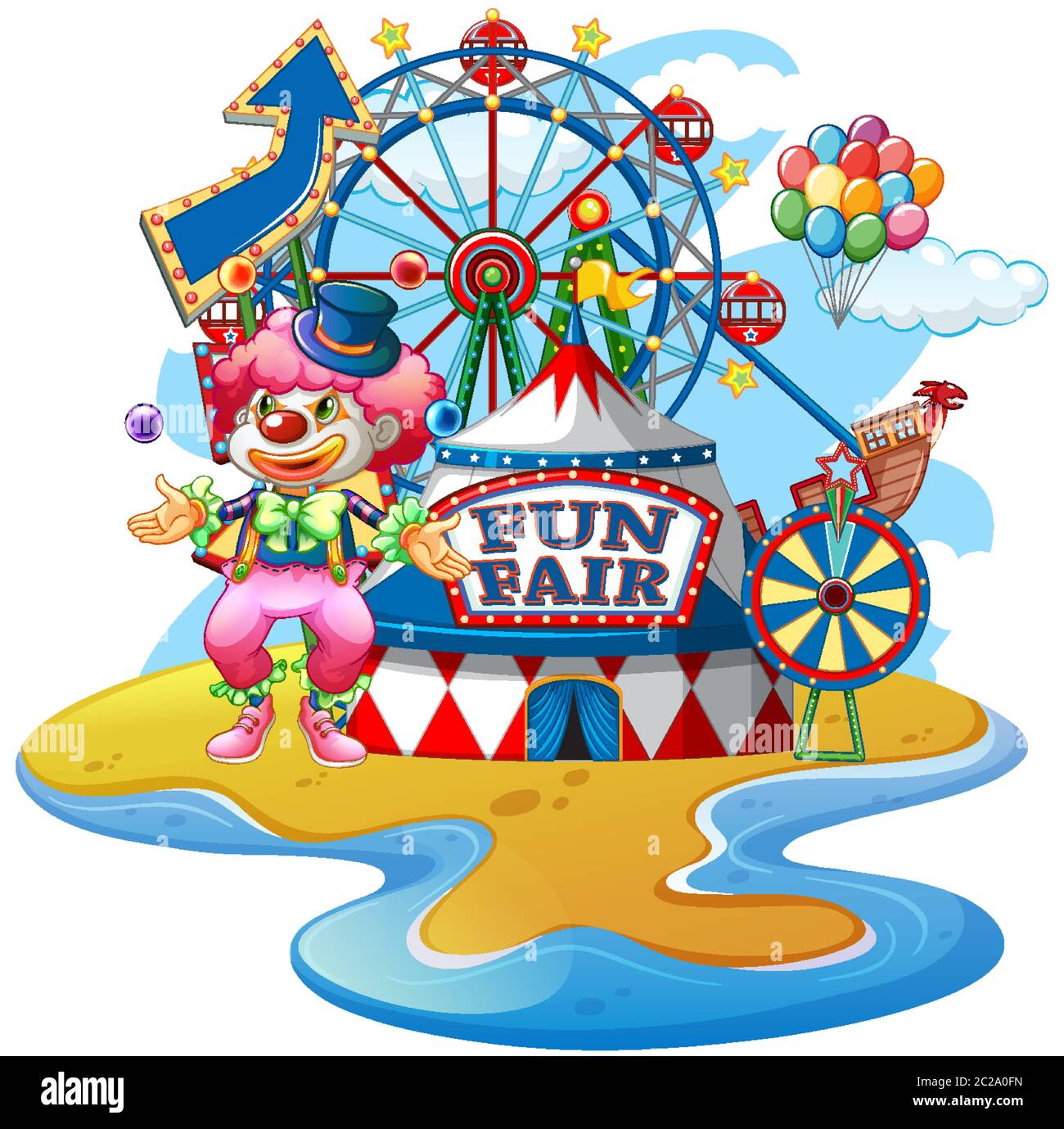 Scene with funny clown at fun fair on white background illustration ...