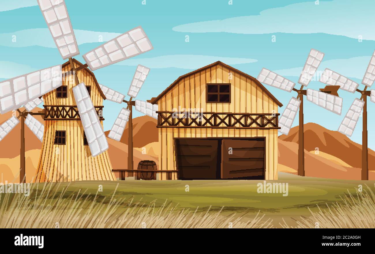 Farm scene in nature with barn and windmill illustration Stock Vector ...
