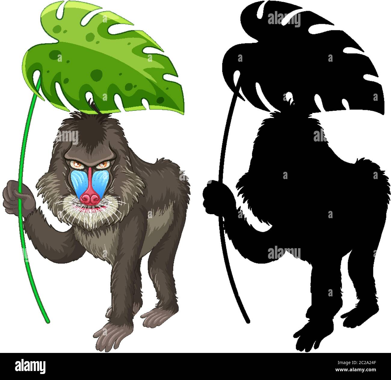 Set of mandrill cartoon and its silhouette illustration Stock Vector ...