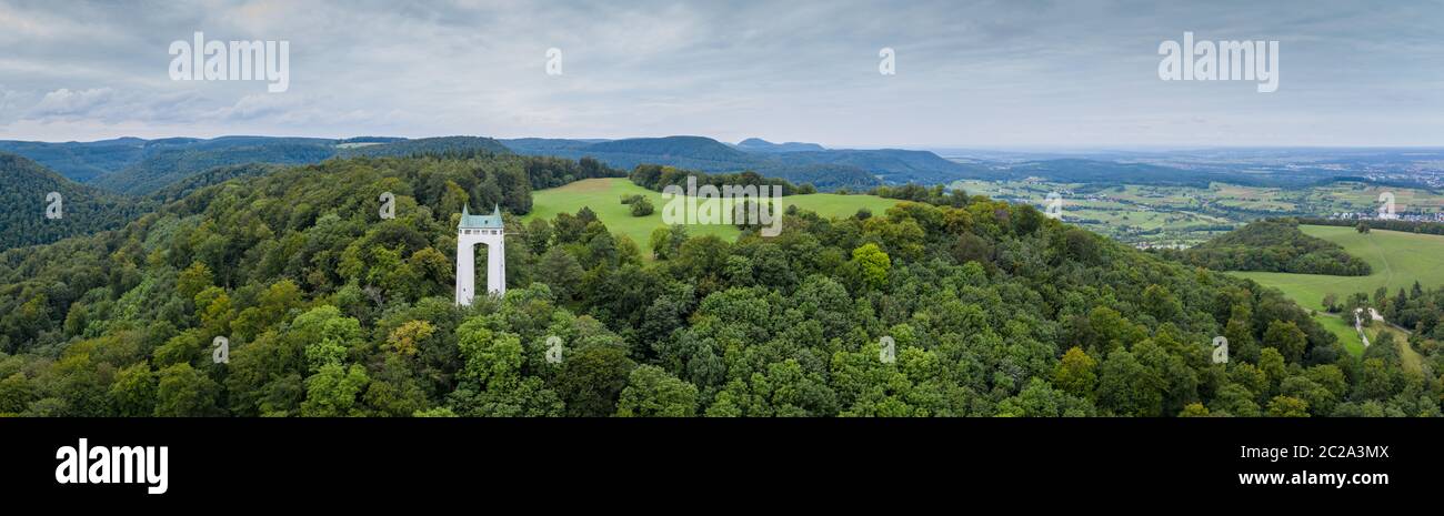 aerial of the Schoenberg tower at the suabian alb at Reutlingen in ...
