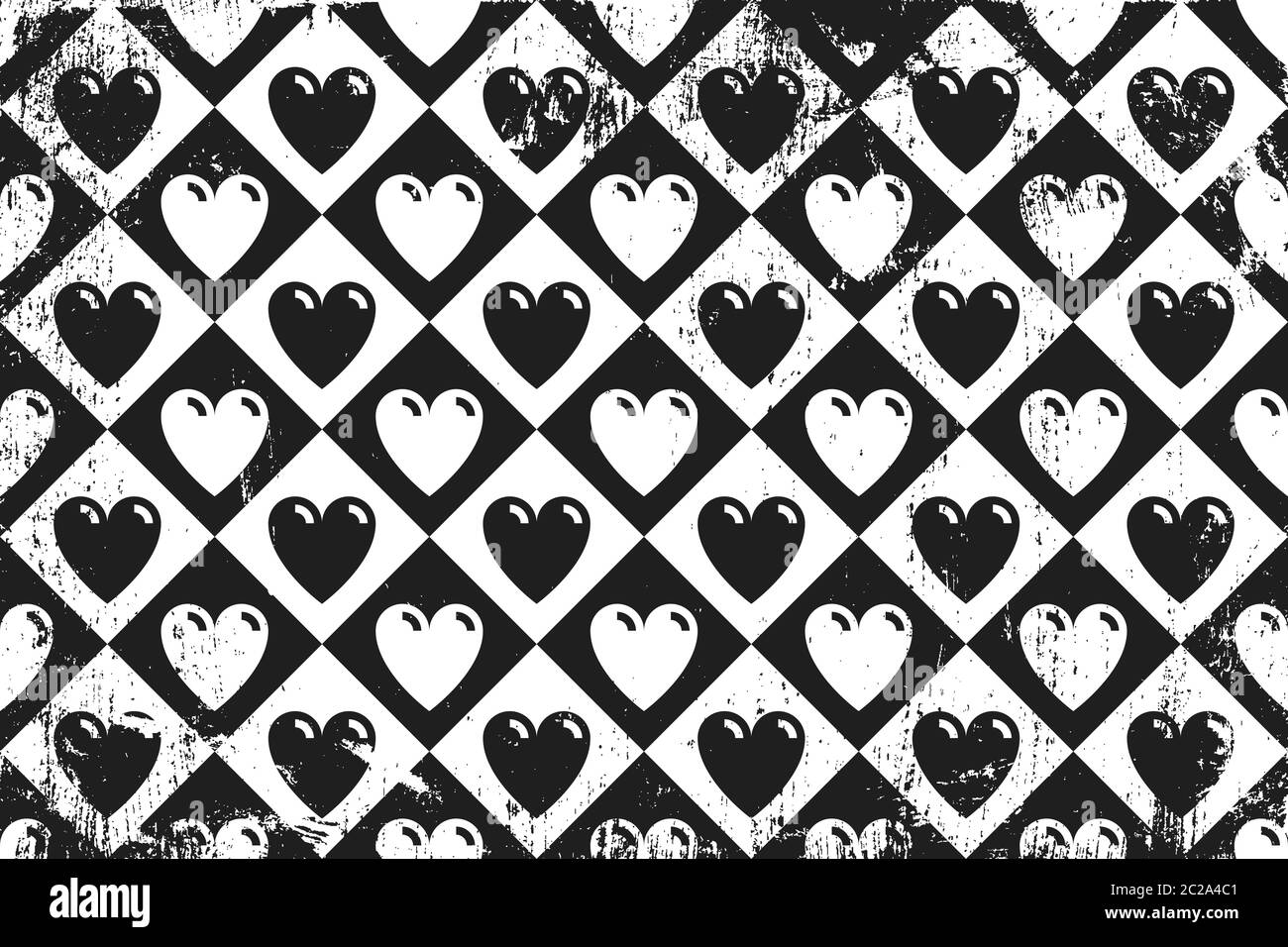 Grunge pattern with circus icons of bubble hearts. Horizontal black and ...