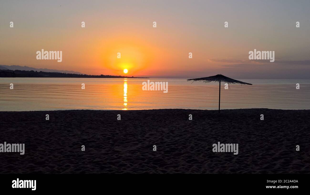 Sunrise panoramic view to Issyk-Kul lake, Cholpon-Ata, Kyrgyzstan Stock ...