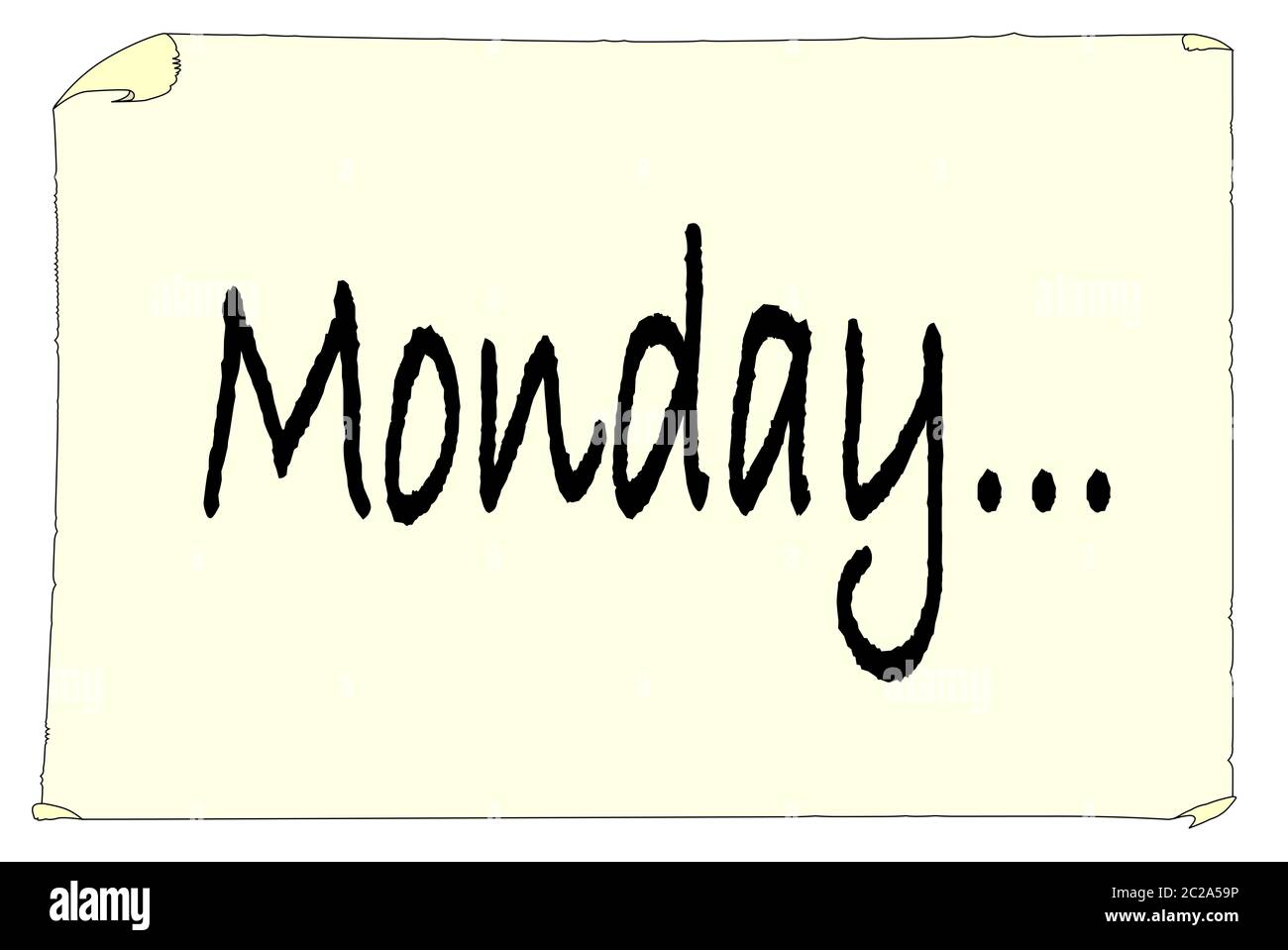 Monday day of the week message on a paper sticker with curled corners ...