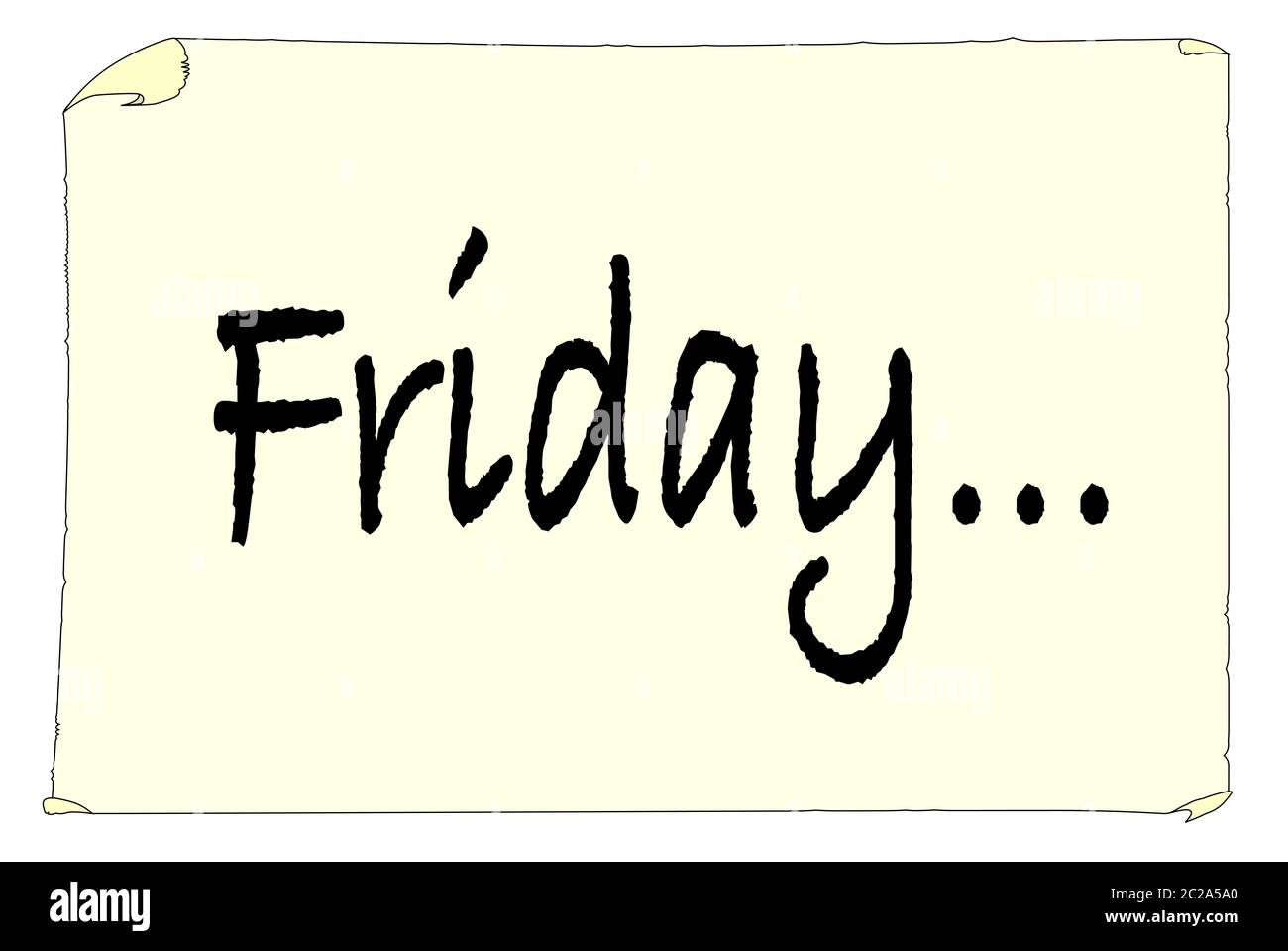 Friday day of the week message on a paper sticker with curled corners ...