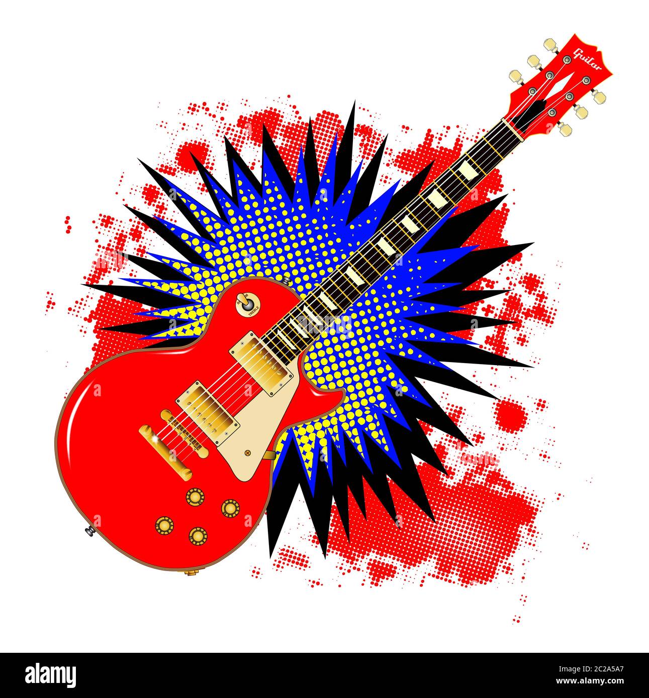 A comic cartoon style guitar bang exclamation explosion over a white ...