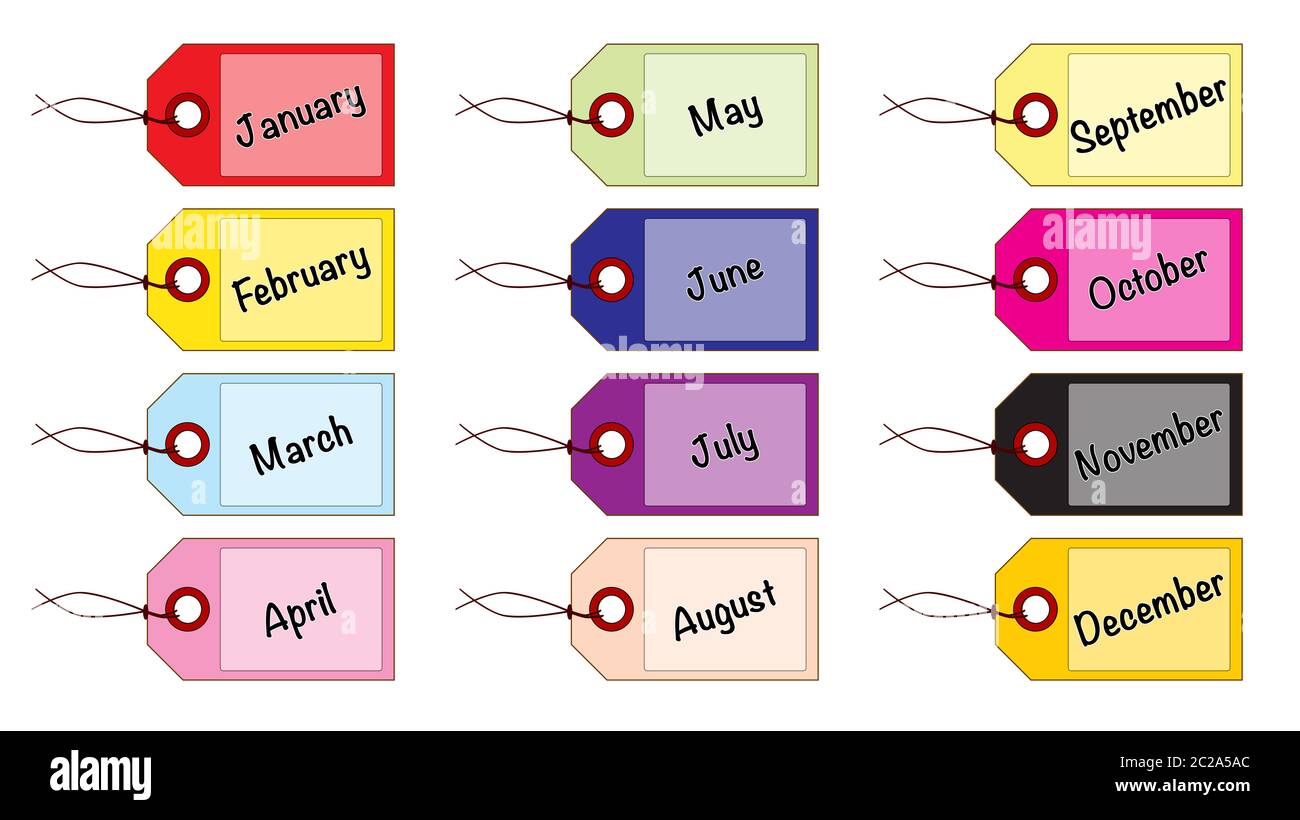 A collection of 12 pastel coloured month tags all over a white ...