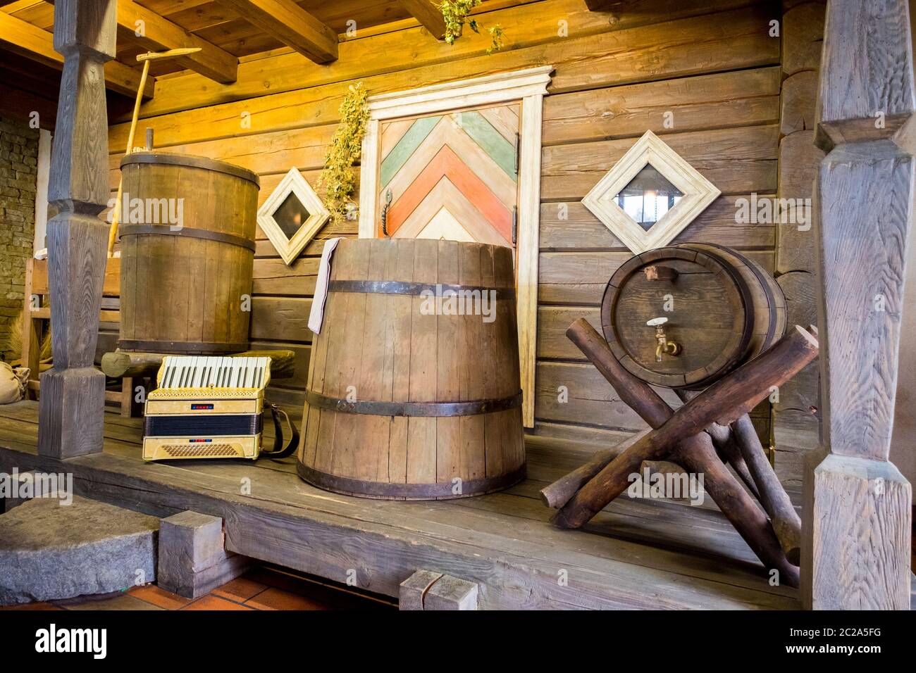 A beer making, brewery display of old time equipment and methods at a ...