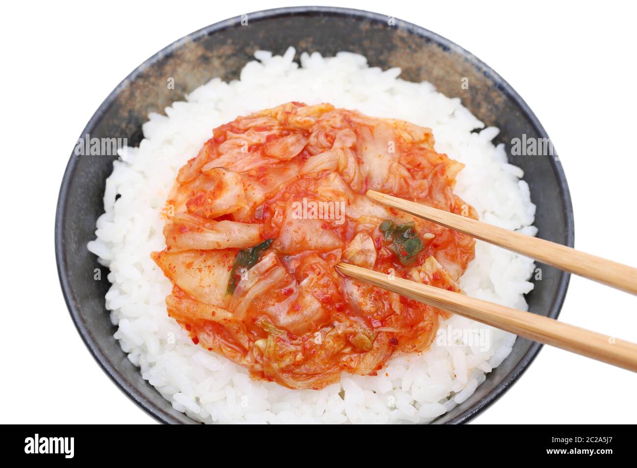 Korean food, cooked white rice with kimchi on white background Stock ...