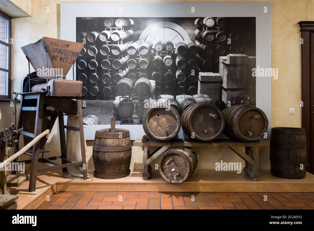 A beer making, brewery display of old time equipment and methods at a ...