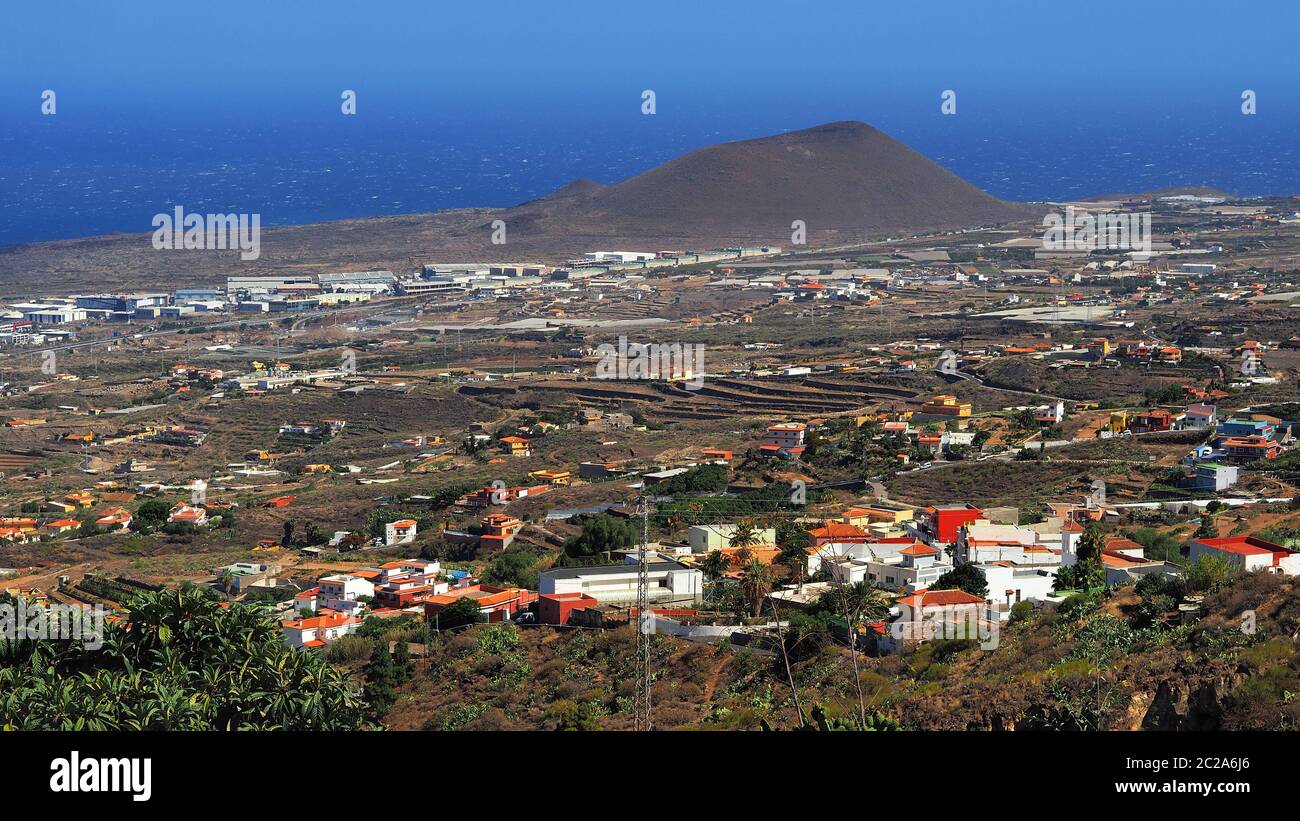 View over the broad and flat, gently rising valley of Guimar in the ...