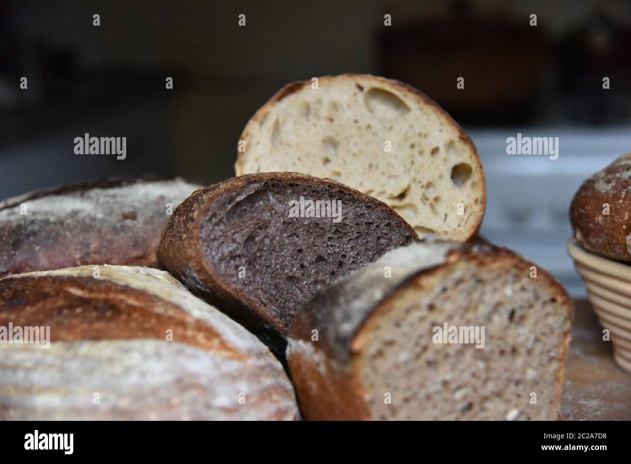A fresh crusty loaf of homemade bread. Homemade rustic sour. Brown ...
