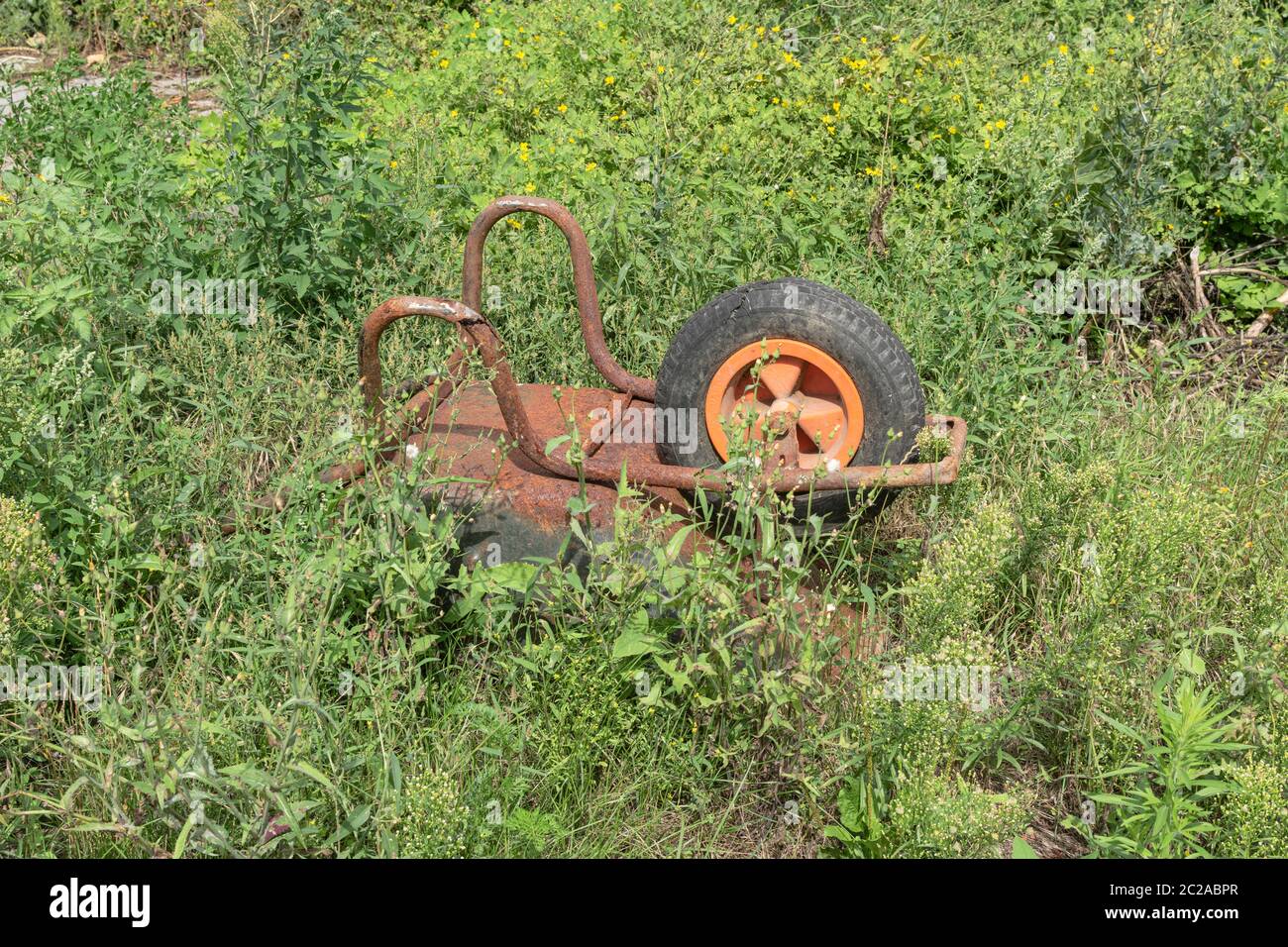 Worn wheelbarrow dumped in nature Stock Photo - Alamy