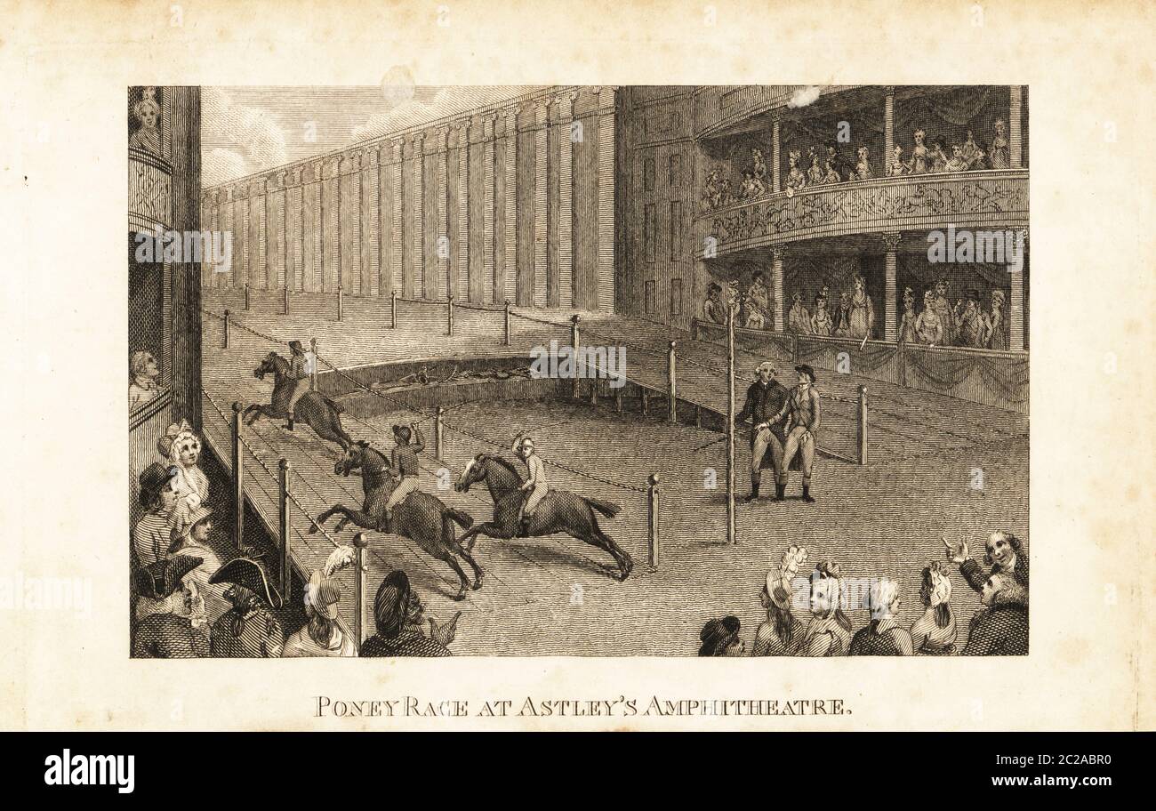 Regency audience in theatre boxes and stalls watching a horse race in ...
