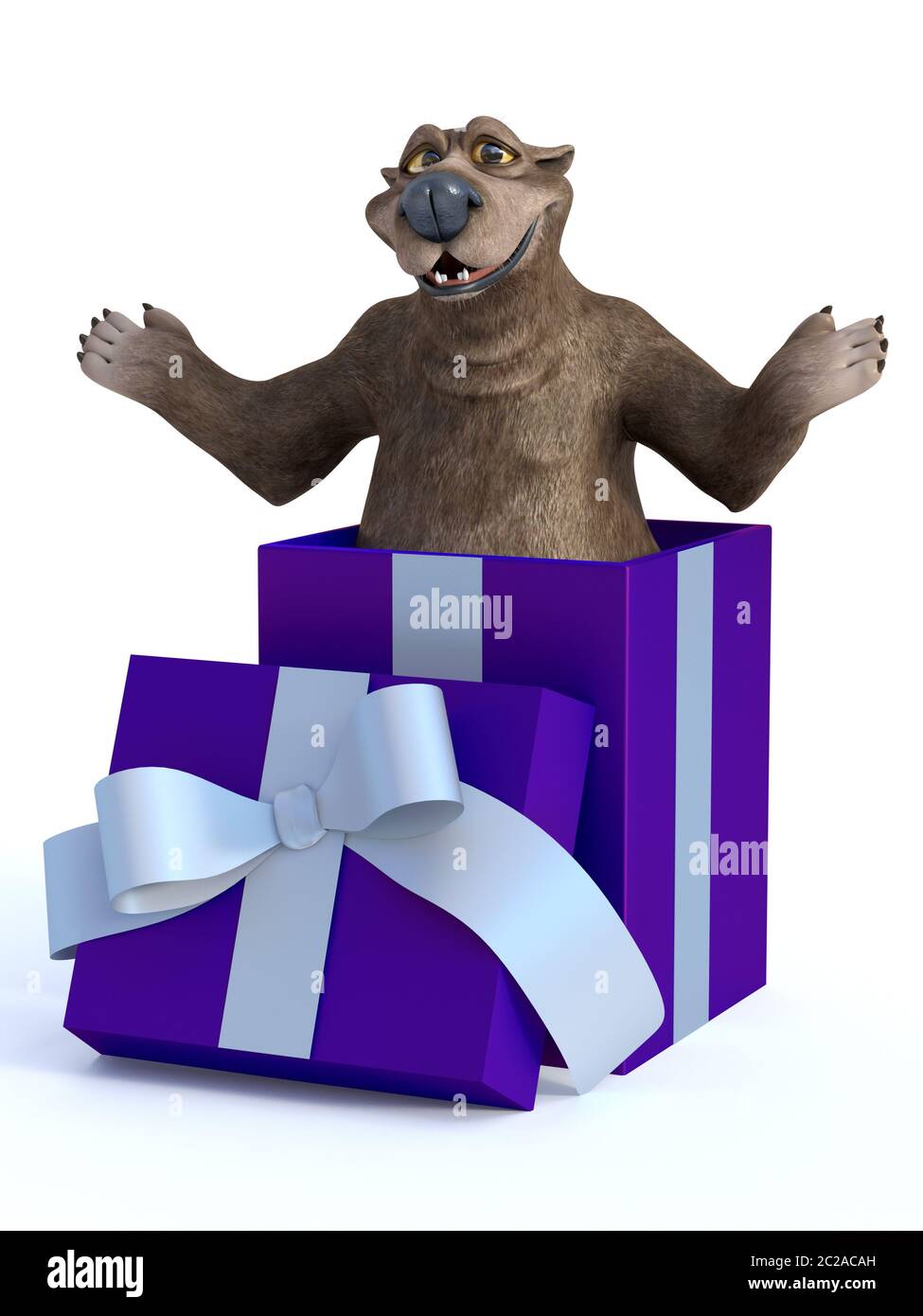 3D rendering of a charming cartoon bear popping out of a purple gift ...
