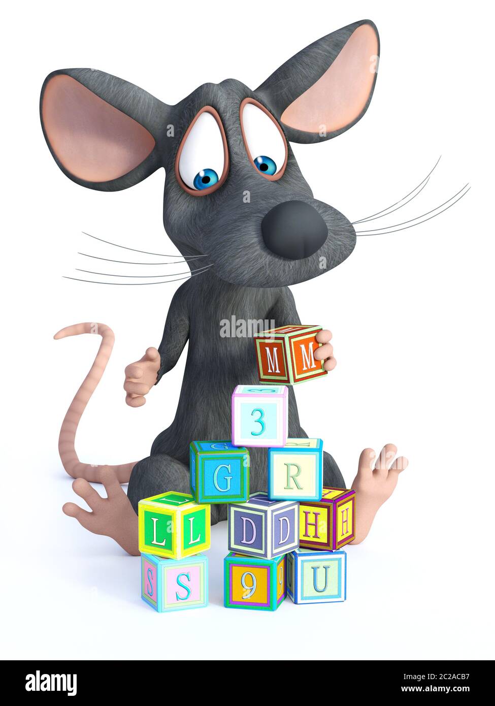 3D rendering of a cute cartoon mouse sitting on the floor and playing ...