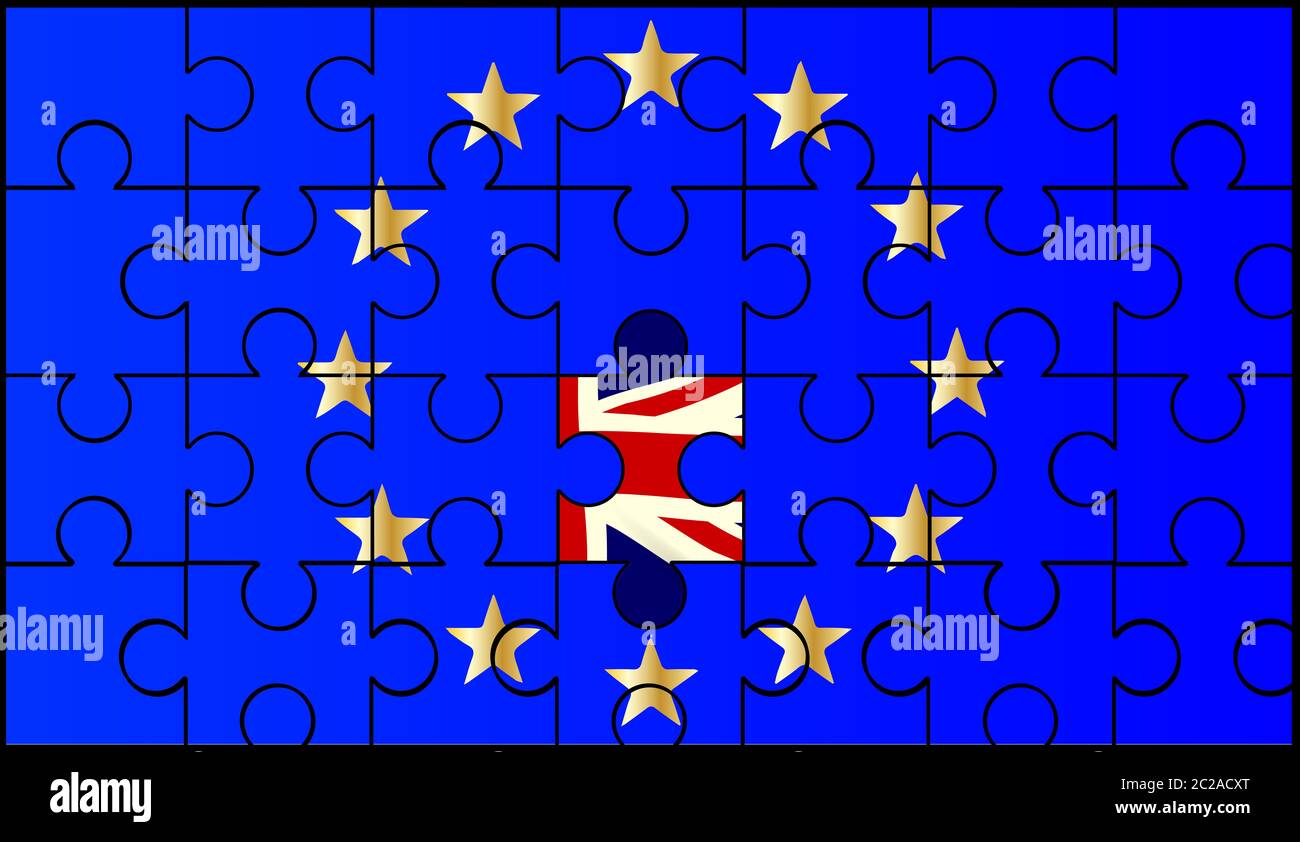The European Union EU flag with a jigsaw overlay and a missing piece as ...
