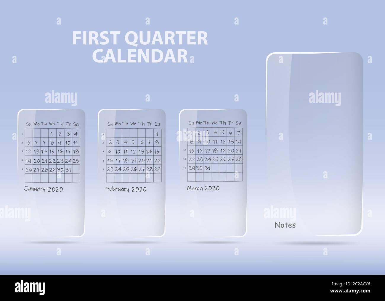 Calendar for first quarter of 2020 year on transparent labels ready for ...
