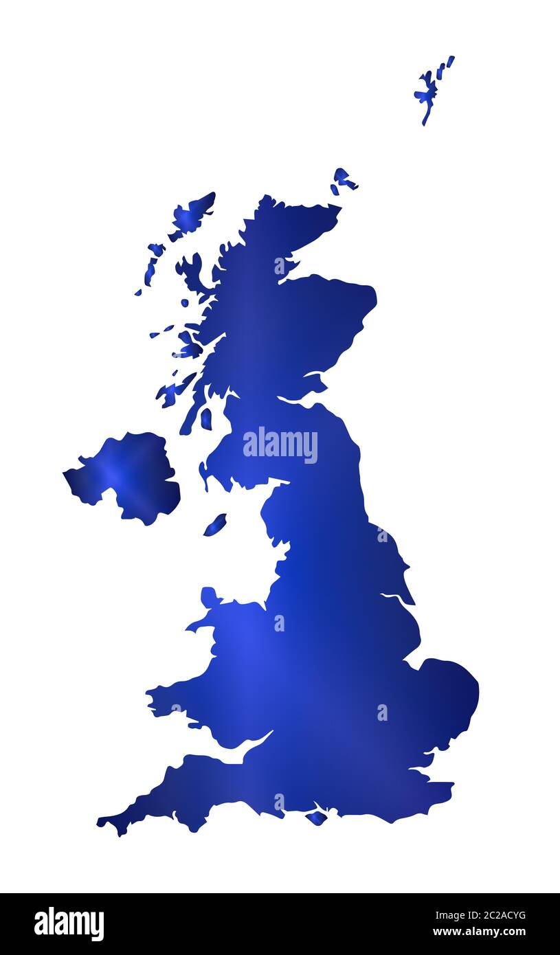 Map of The United Kingdom in blue silhouette over a white background ...