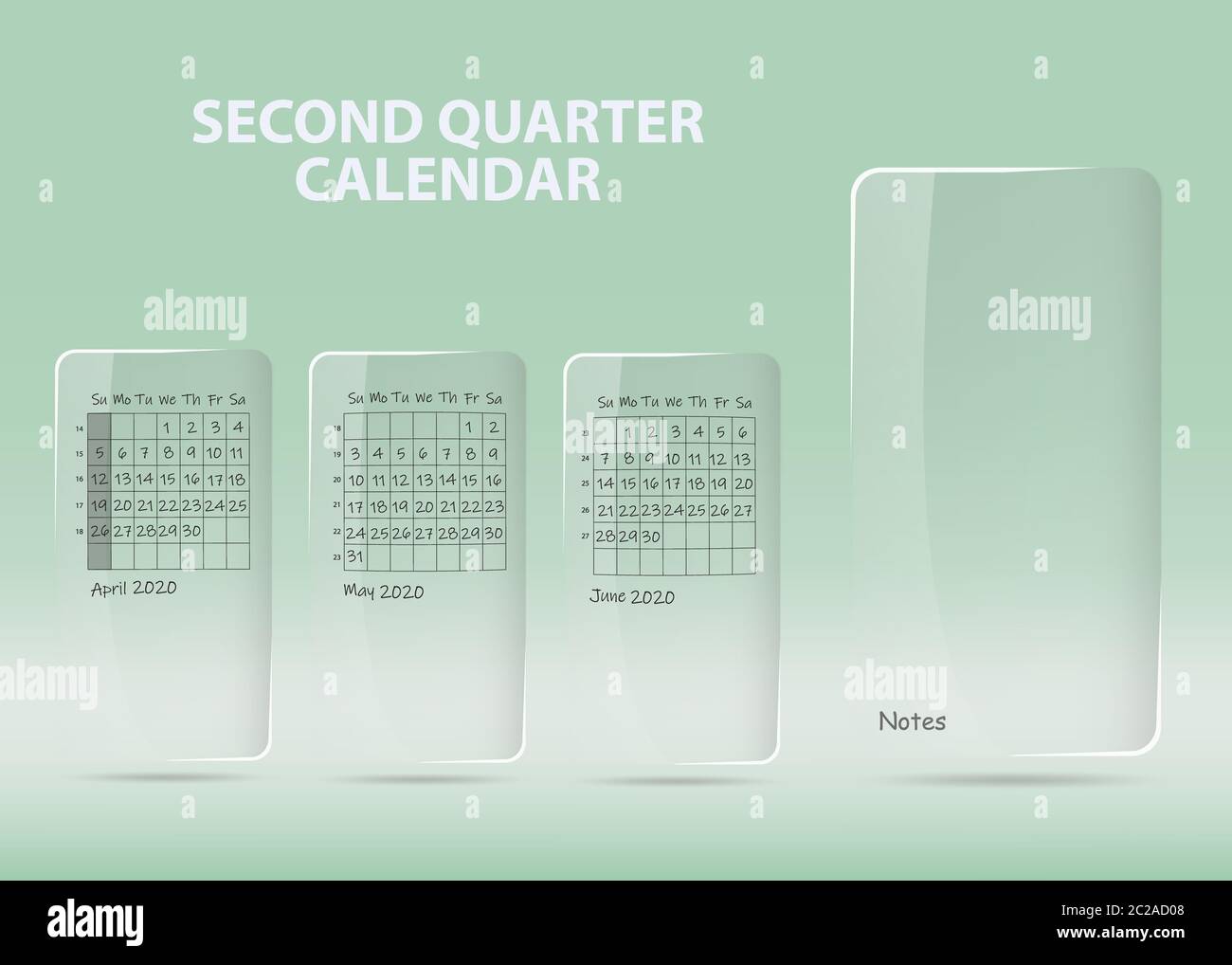Calendar for second quarter of 2020 year on transparent labels ready ...