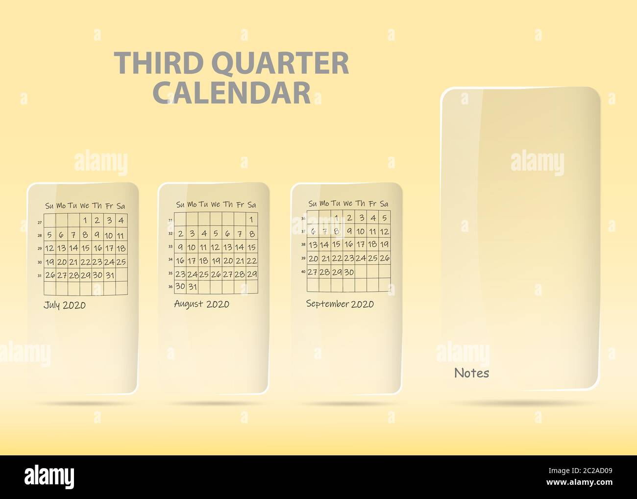 Calendar for third quarter of 2020 year on transparent labels ready for ...