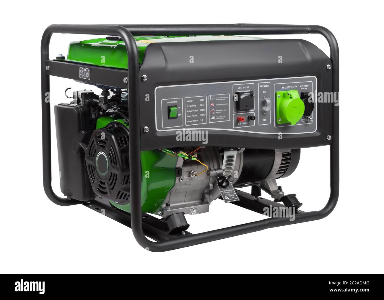 Gasoline hand-cart mounted engine-generator side view isolated on white ...