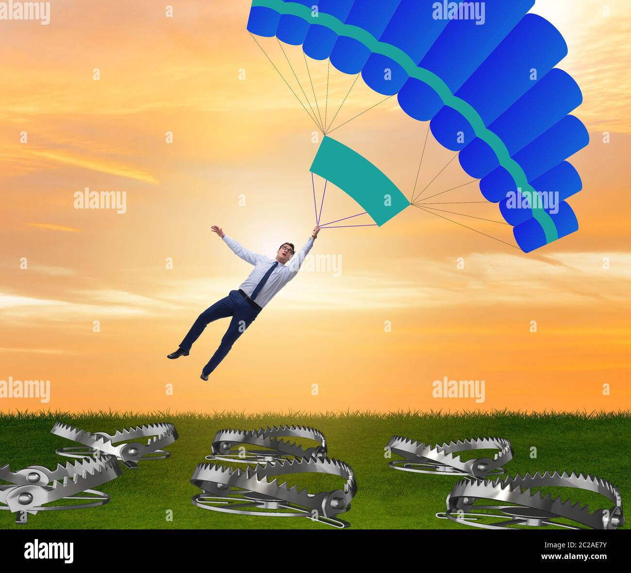 Businessman falling into trap on parachute Stock Photo - Alamy