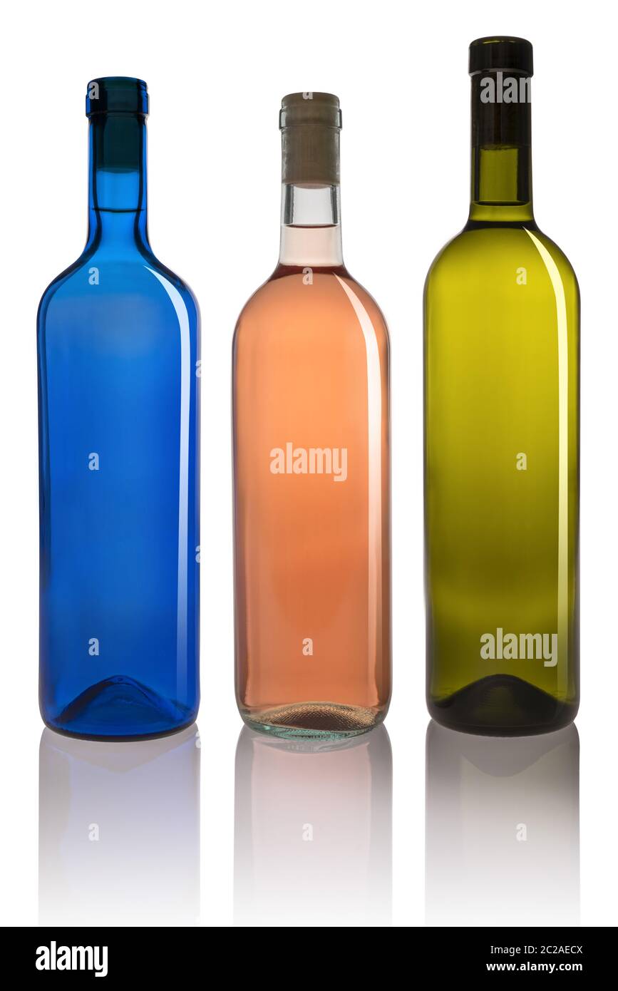 Set of three different colored bottles on white background Stock Photo ...