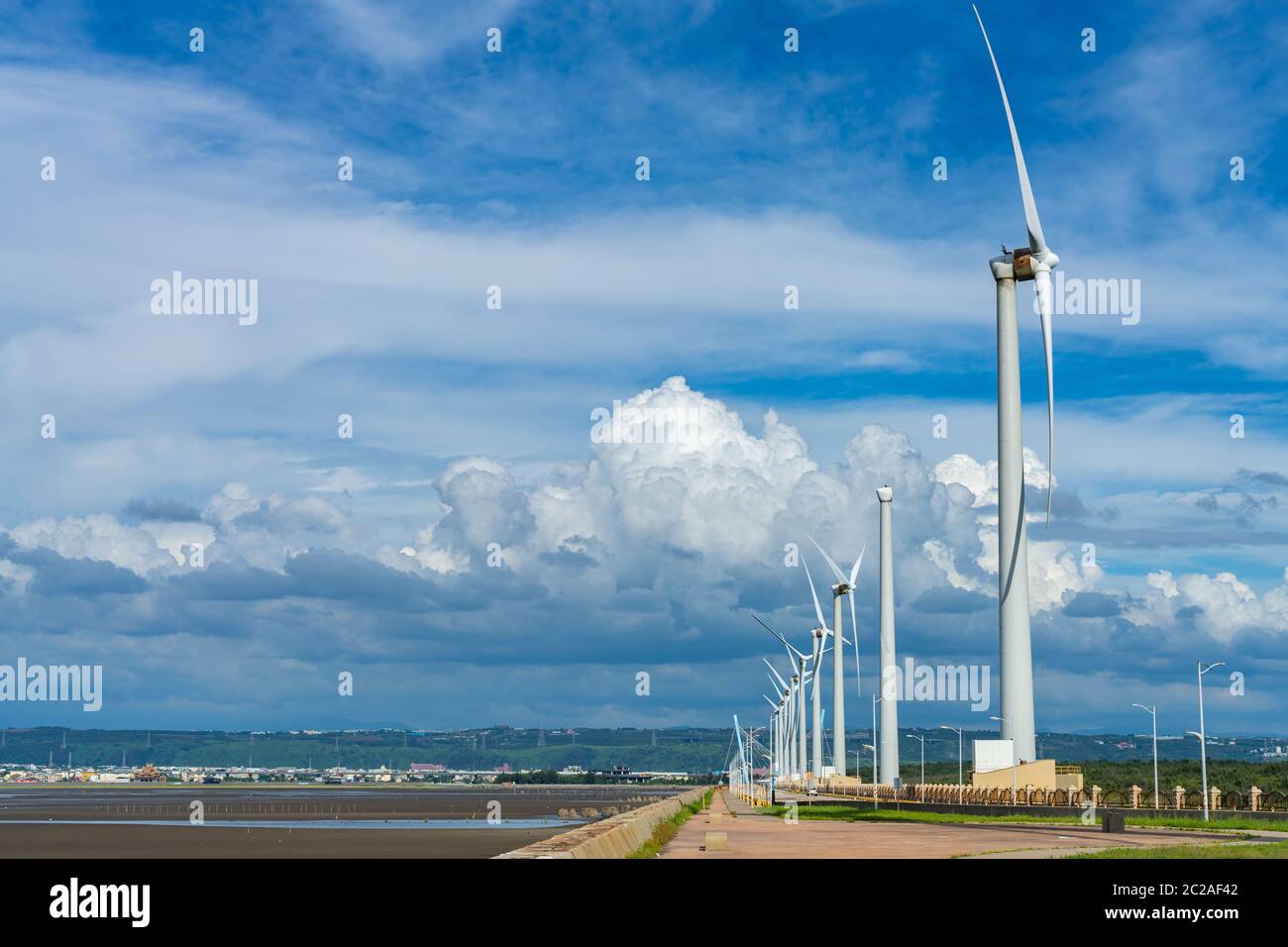 Wind turbines in Taichung Port Gaomei Wetlands Area. A popular scenic ...