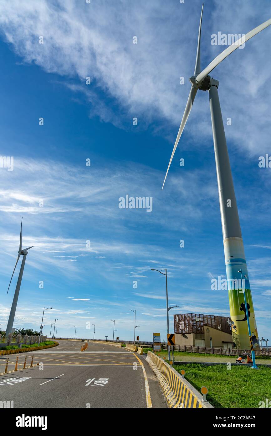 Wind turbines in Taichung Port Gaomei Wetlands Area. A popular scenic ...