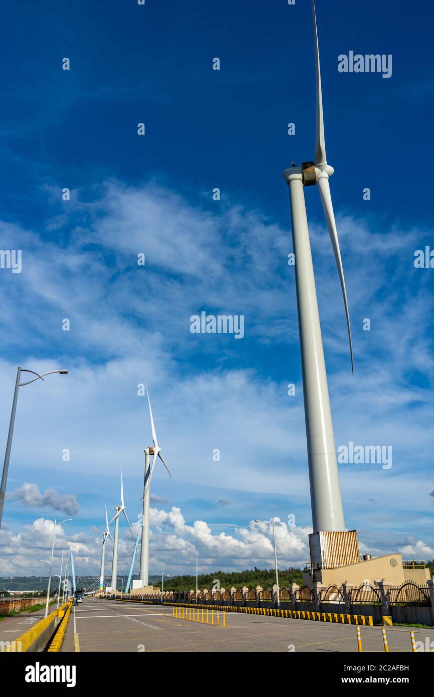 Wind turbines in Taichung Port Gaomei Wetlands Area. A popular scenic ...