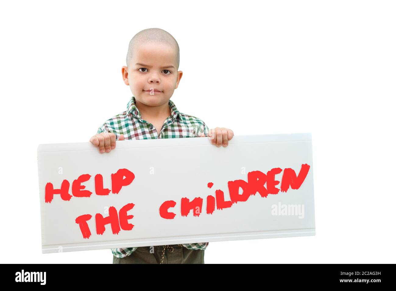 boy holding a sign help the children in the hands. In light background ...