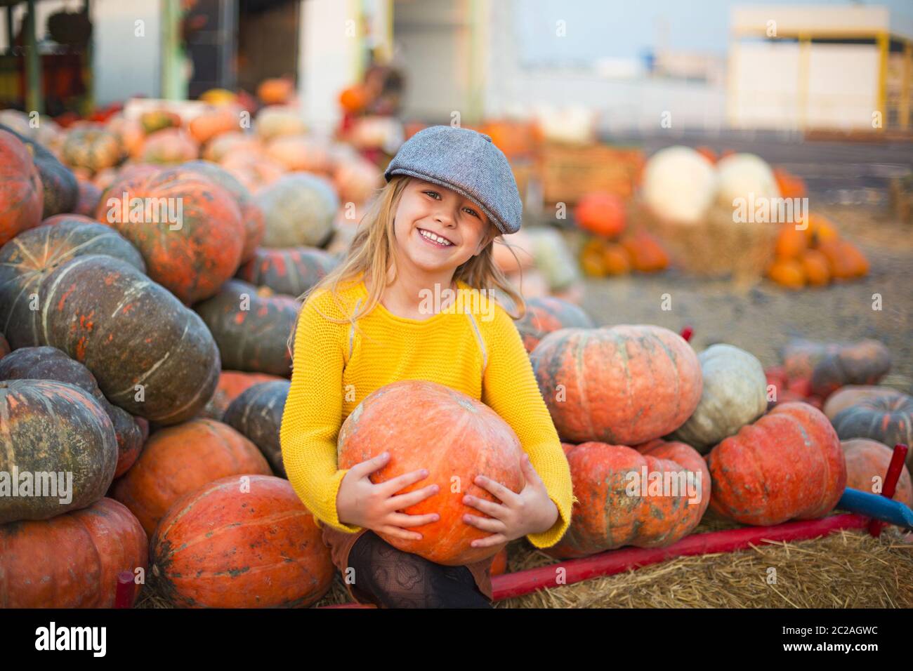 Happy little girl at the autumn pumpkin patch background Stock Photo ...
