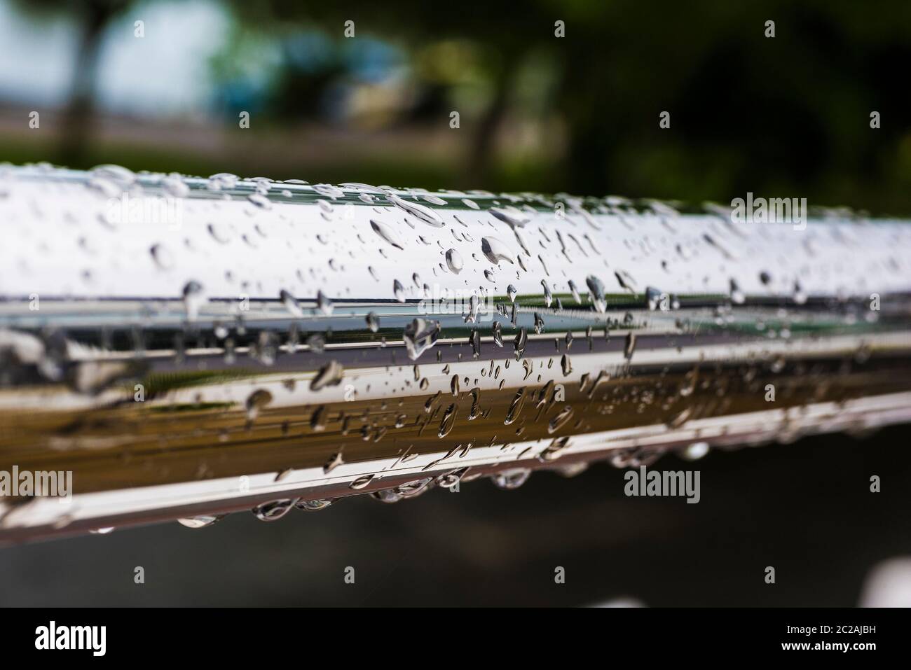 Droplets of rain water on a stainless steel hand rail Stock Photo - Alamy