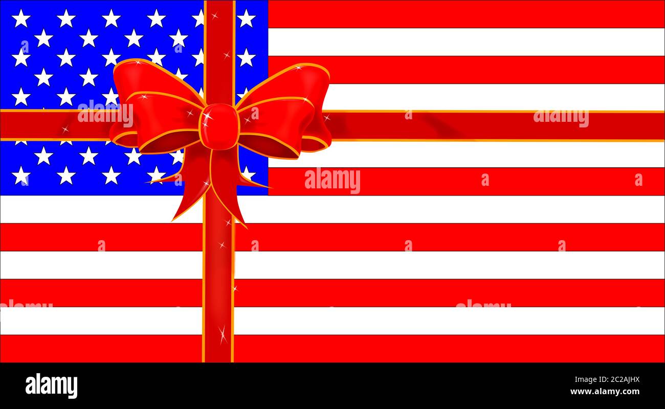 A parcel with red and gold ribbon isolated over a USA flag background ...