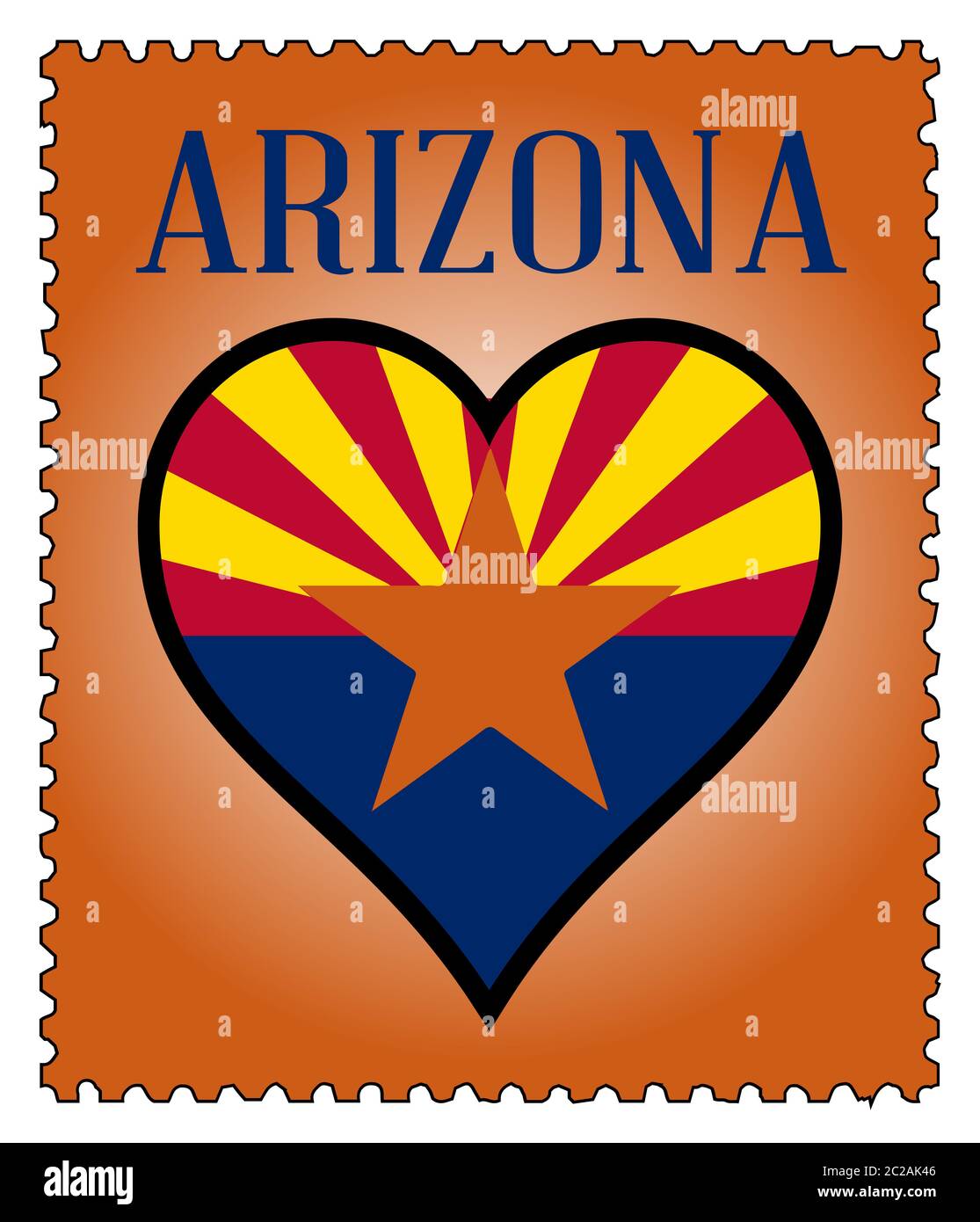 A postage stamp with a love Arizona heart and flag over a white ...