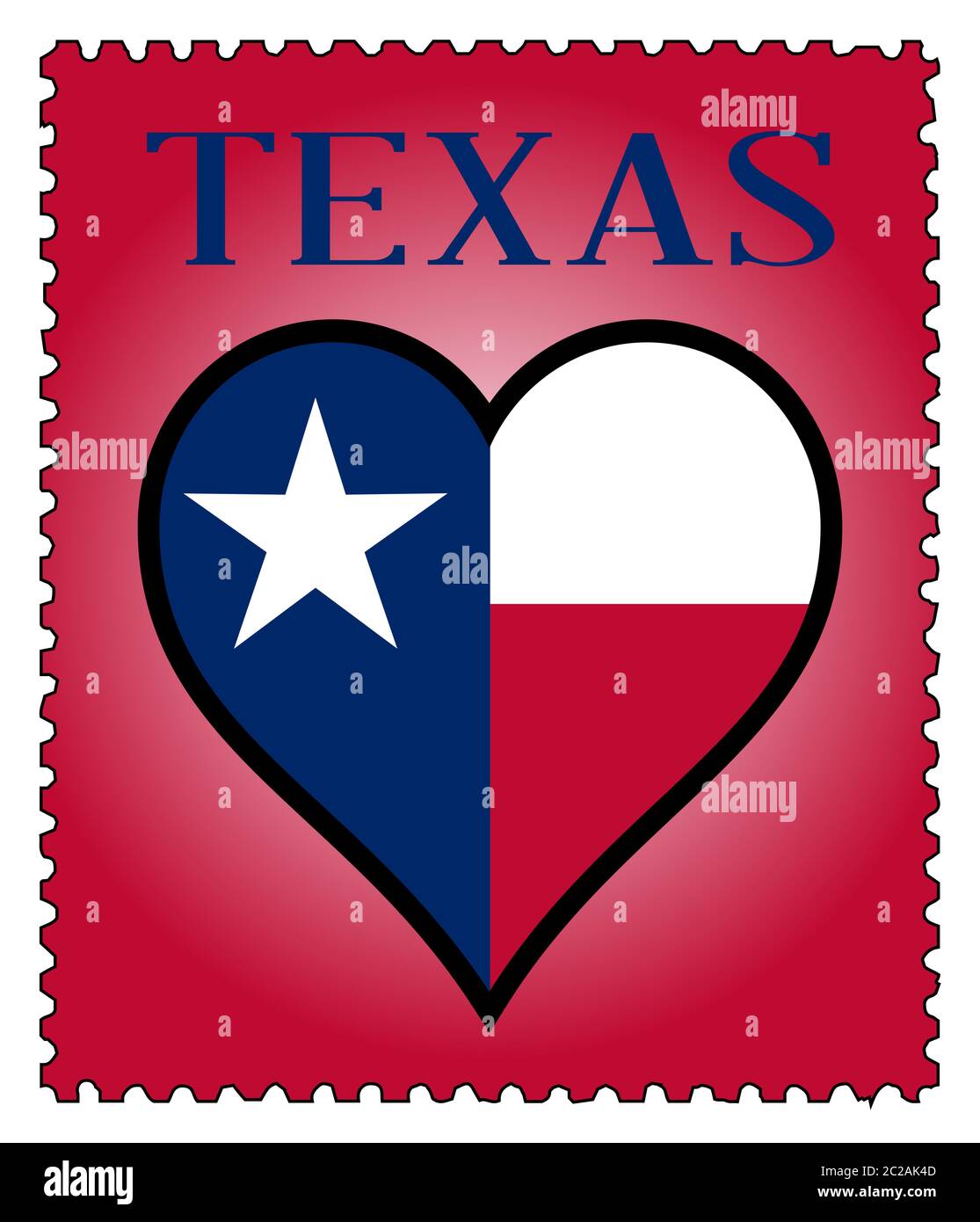 A postage stamp with a love Texas heart and flag over a white ...