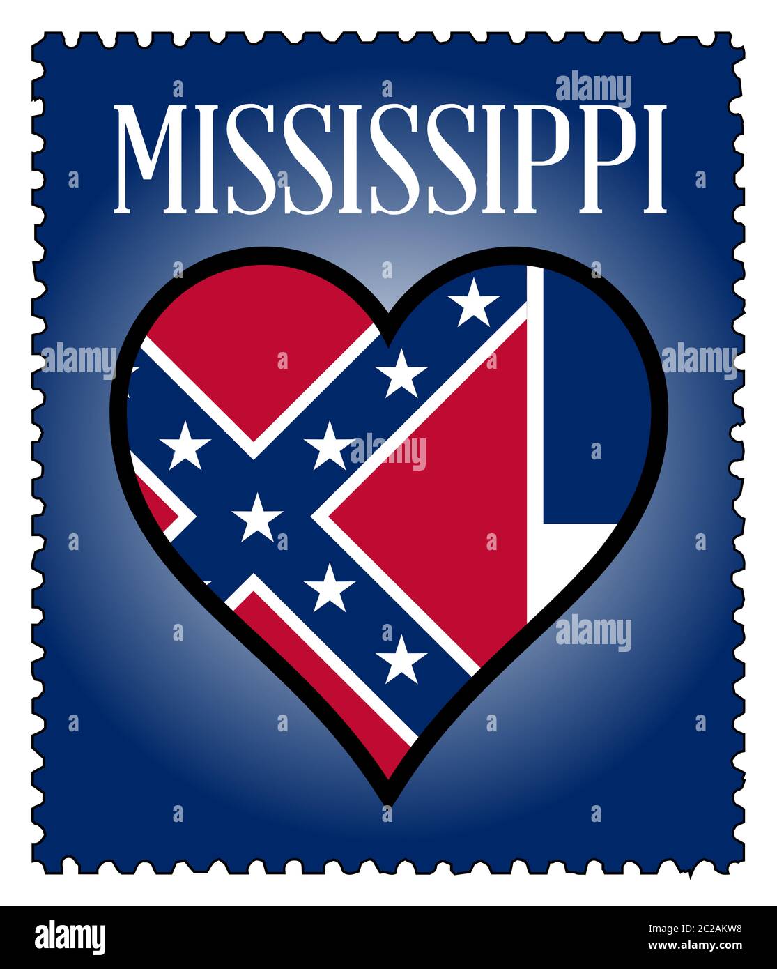 A postage stamp with a love Mississippi heart and flag over a white ...
