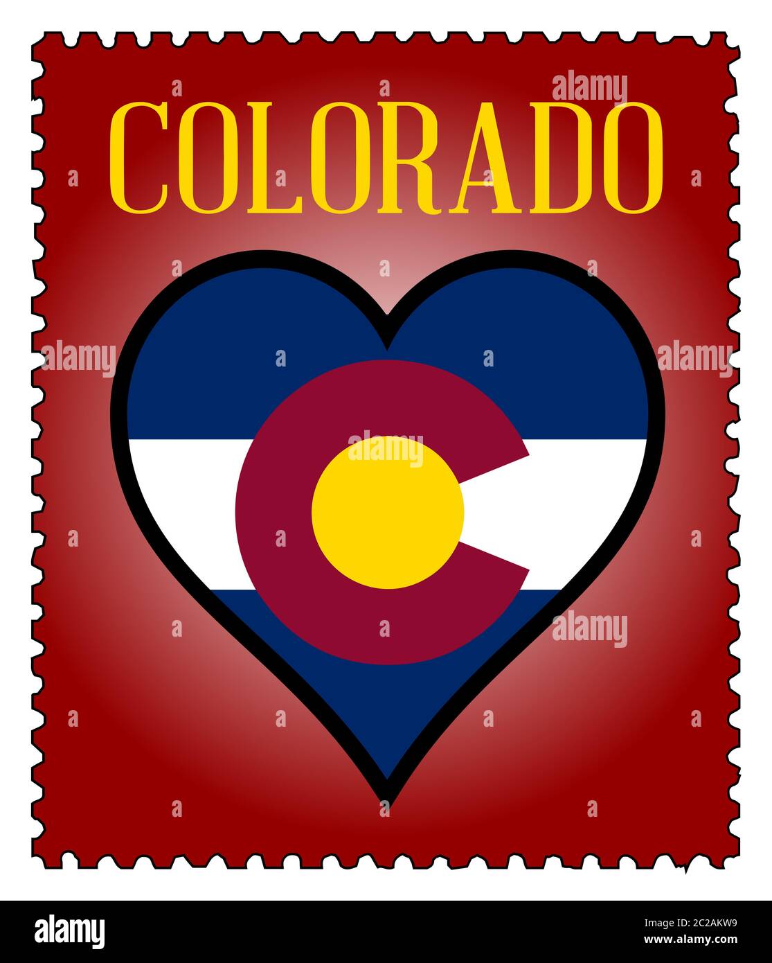 A postage stamp with a love Colorado heart and flag over a white ...