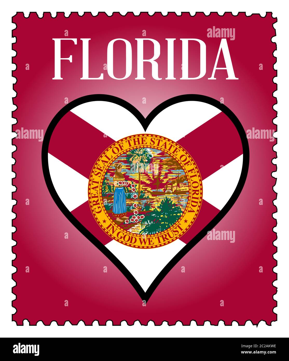 A postage stamp with a love Florida heart and flag over a white ...