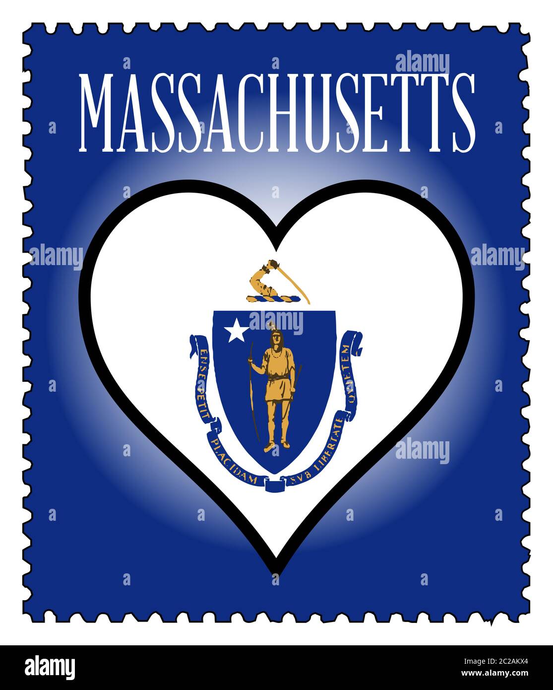 A postage stamp with a love Massachusetts heart and flag over a white ...