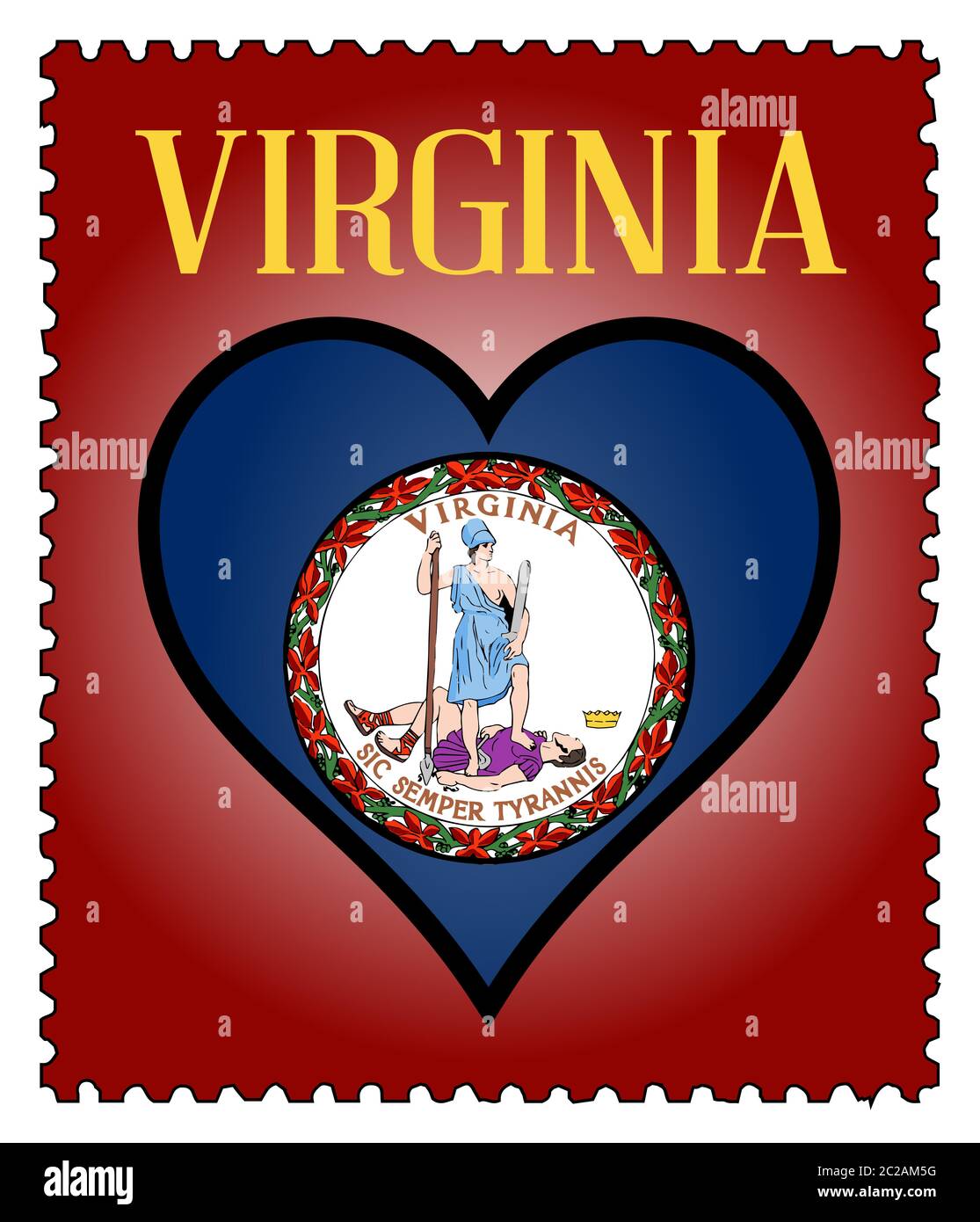 A postage stamp with a love Virginia heart and flag over a white ...