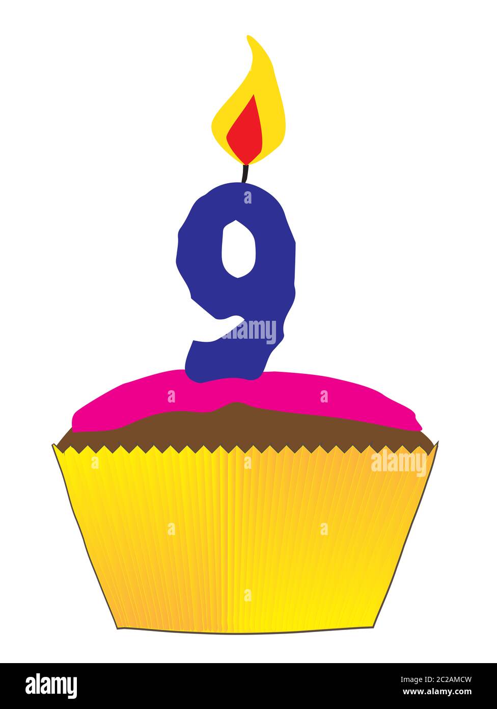 A candy cupcake with pink icing and a number 9 as the candle Stock ...