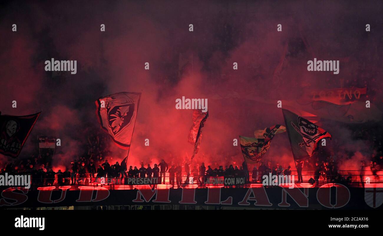 hooligans soccer fans lighting fire flares at san siro stadium, in ...