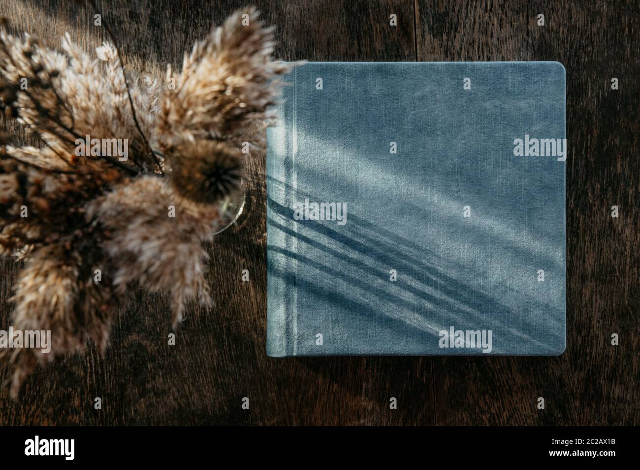 Photo album in a textile, velvet binding for pasting photos, top view ...