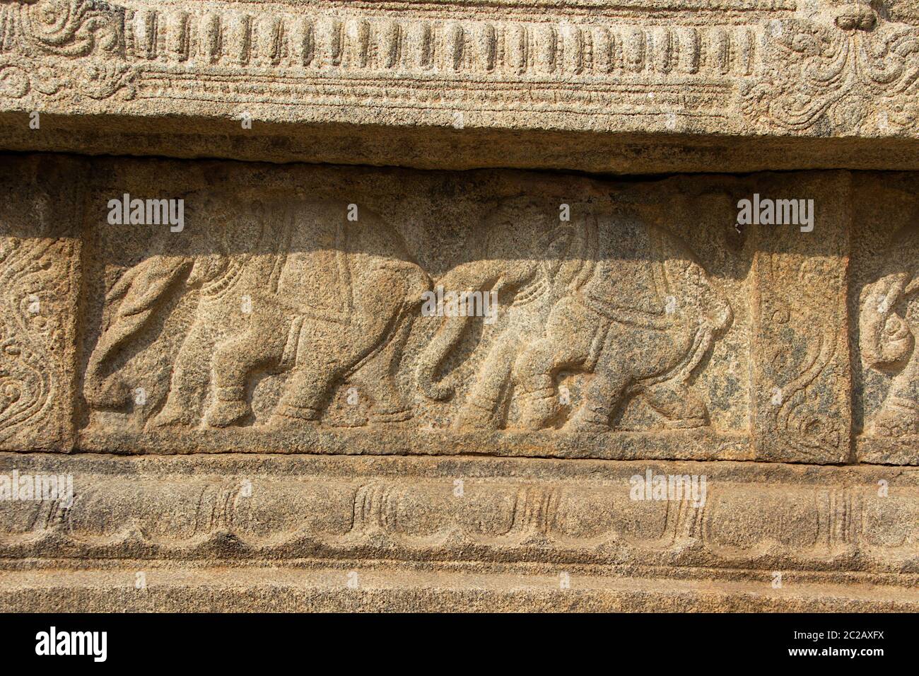 Bas relief sculpture of elephants on stone wall of Veerabhadreswara ...
