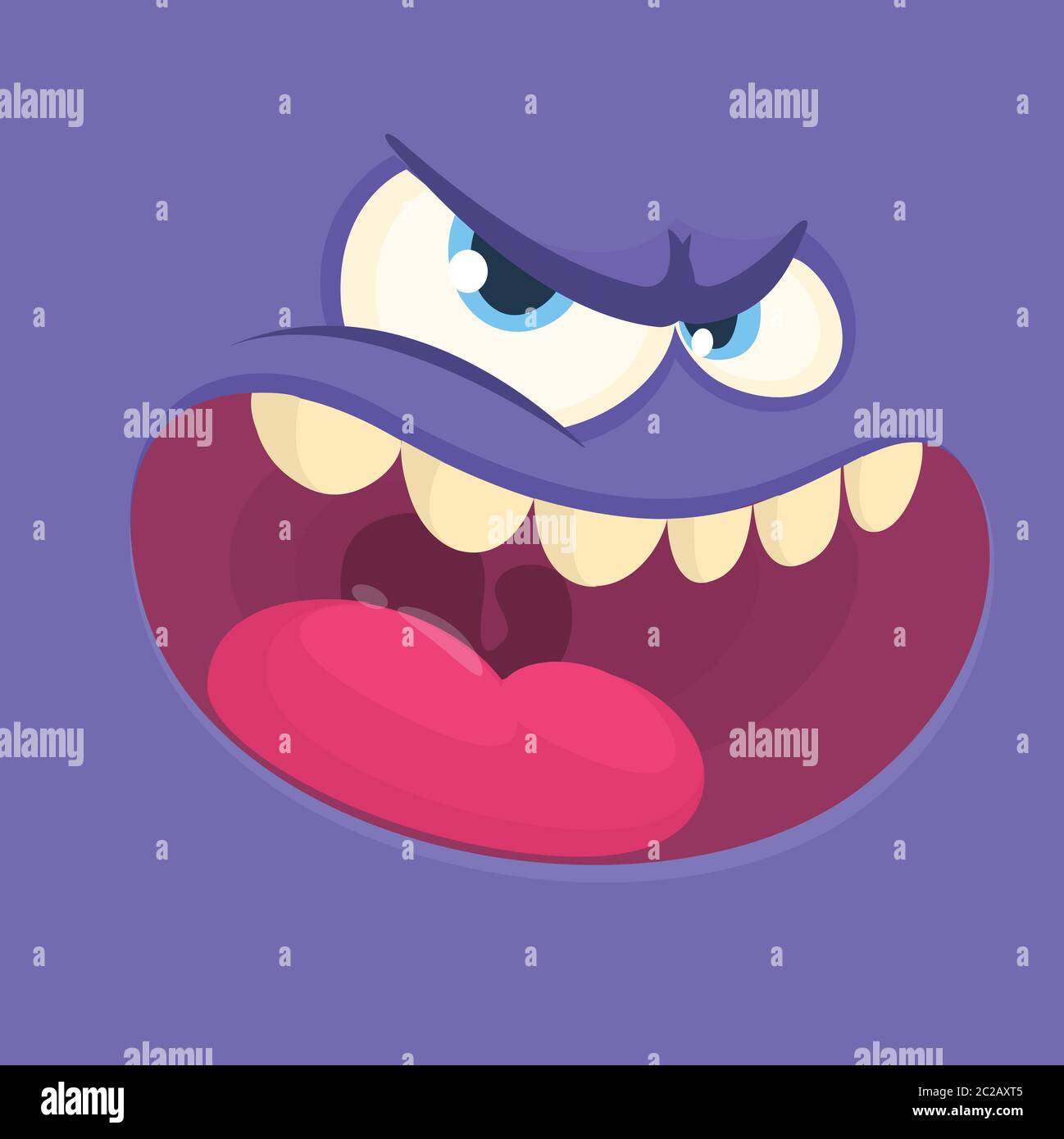 Funny angry cartoon monster face. Vector Halloween violet cool monster ...