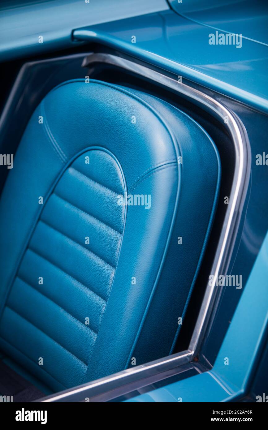 Color detail of the blue leather seats of a vintage car Stock Photo - Alamy